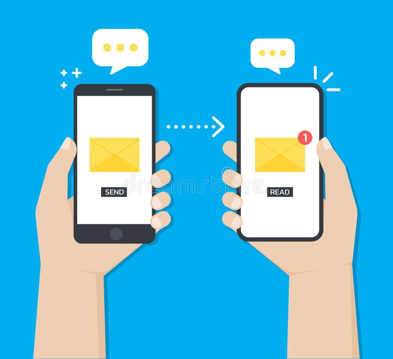Hands Holding a Smartphone while Send Message or Email from One Device ...