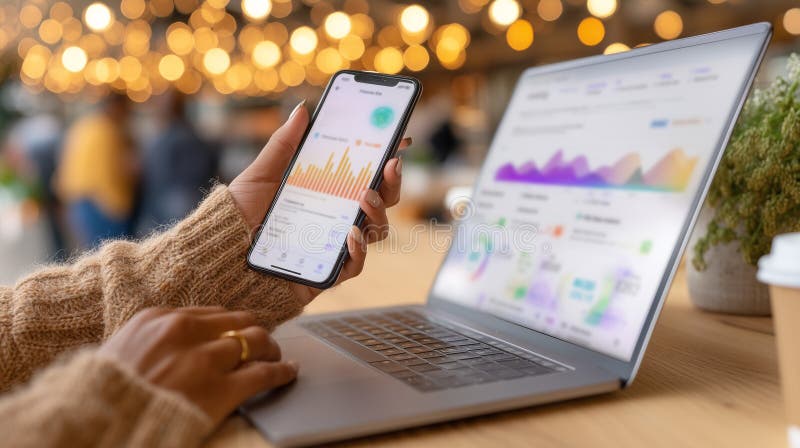 Hands Holding Smartphone with Social Media Analytics, Modern Workspace ...