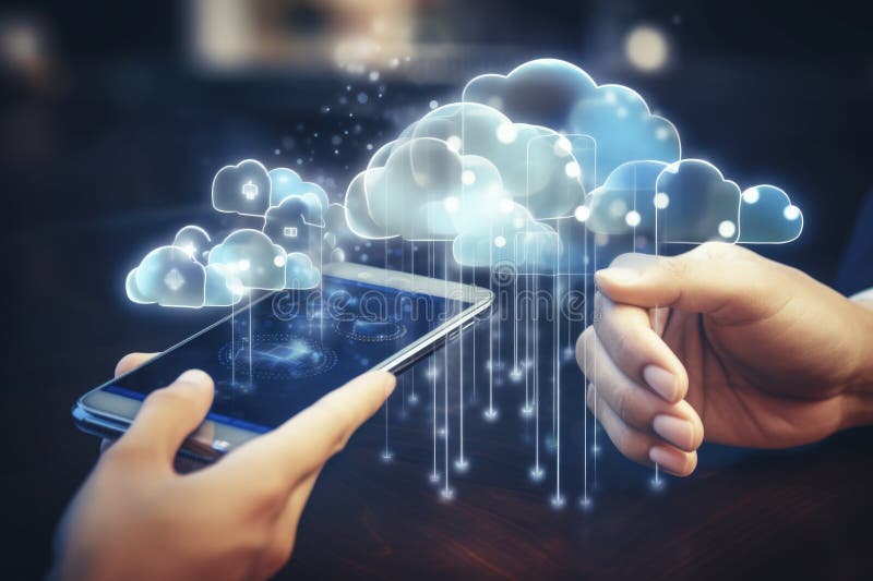 Hands Holding a Smartphone and Touching a Cloud. Suitable for ...