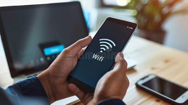 Hands Holding a Smartphone with Wifi Symbol on Screen. Modern ...