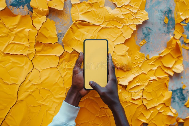 Hands Holding a Smartphone with Yellow Screen Against Yellow Torn Paper ...