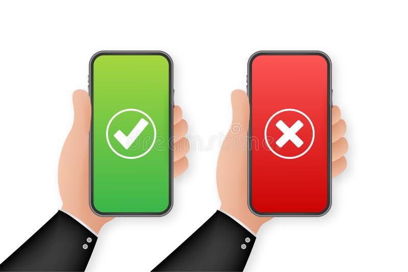 Hands Holding Smartphones with Checkmarks Set. Tick and Cross Check ...