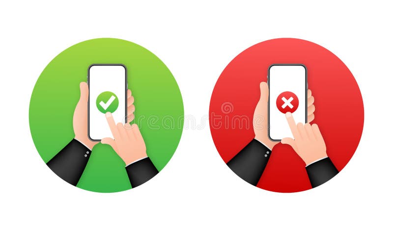 Hands Holding Smartphones with Checkmarks Set. Tick and Cross Check ...