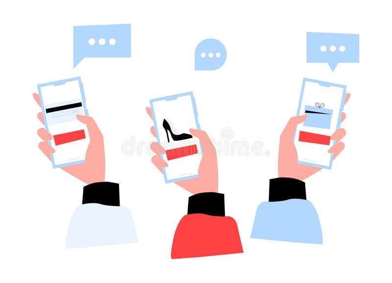 Hands Holding Smartphones with Online Shopping Apps in Flat Vector ...