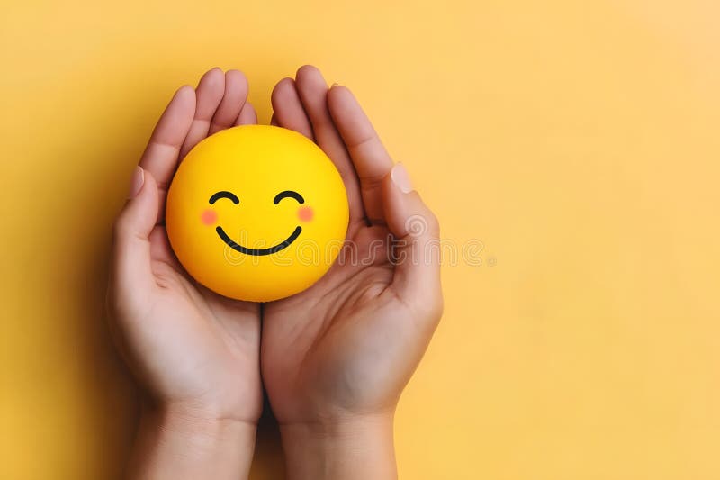 Hands Holding Smiley Face Stress Ball Yellow Background Stock ...