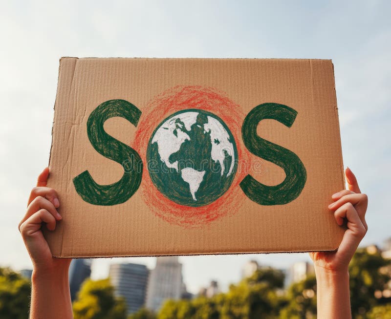 Hands Holding Sos Cardboard Sign Highlighting Environmental Urgency ...