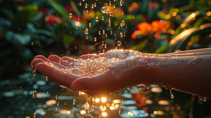 Hands Holding Sparkling Water with Sunlight Reflections Stock ...