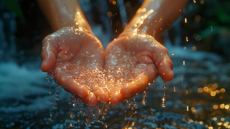 Hands Holding Sparkling Water with Sunlight Reflections Stock ...