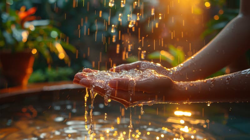 Hands Holding Sparkling Water with Sunlight Reflections Stock ...