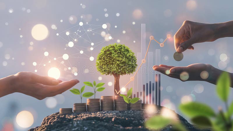 Hands Holding Stack of Coins with Growth Graph and Plant in Warm Light ...