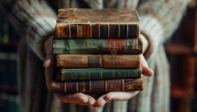 Hands Holding Stack of Vintage Old Books. Concept of Self-education ...