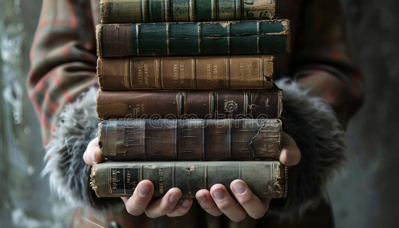 Hands Holding Stack of Vintage Old Books. Concept of Self-education ...
