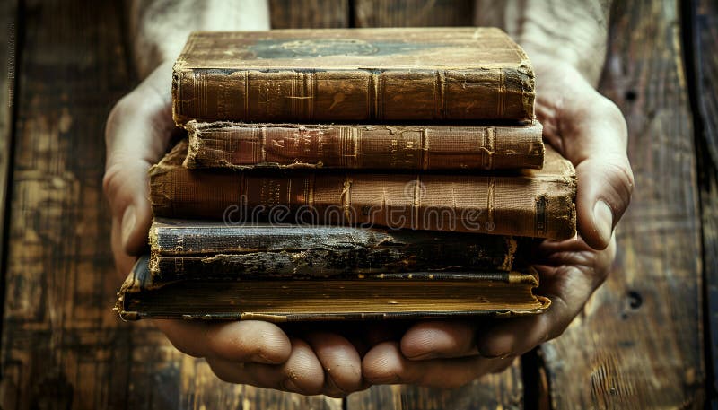 Hands Holding Stack of Vintage Old Books. Concept of Self-education ...