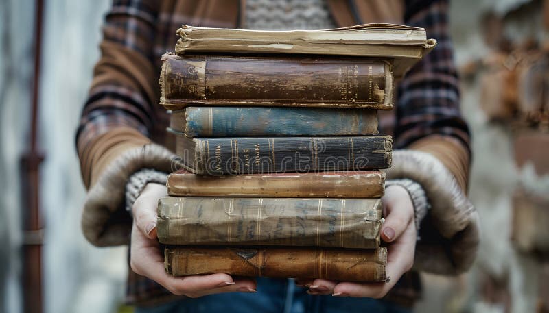 Hands Holding Stack of Vintage Old Books. Concept of Self-education ...
