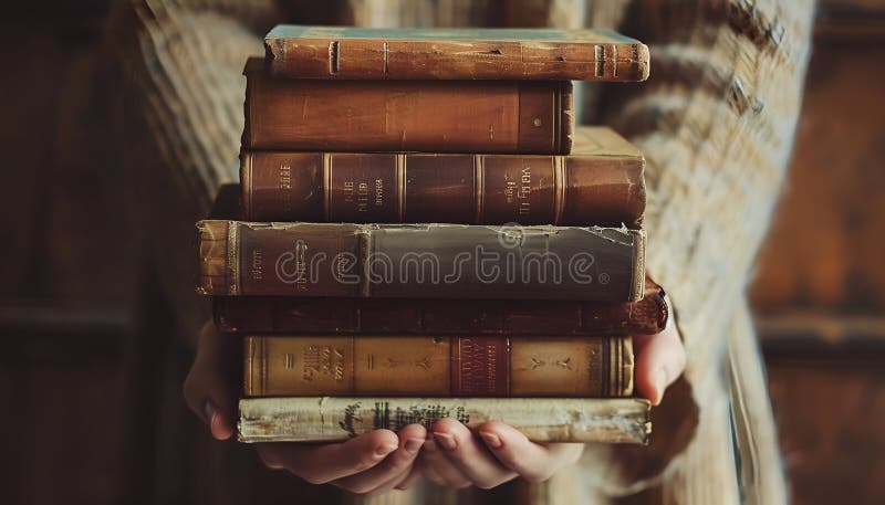 Hands Holding Stack of Vintage Old Books. Concept of Self-education ...