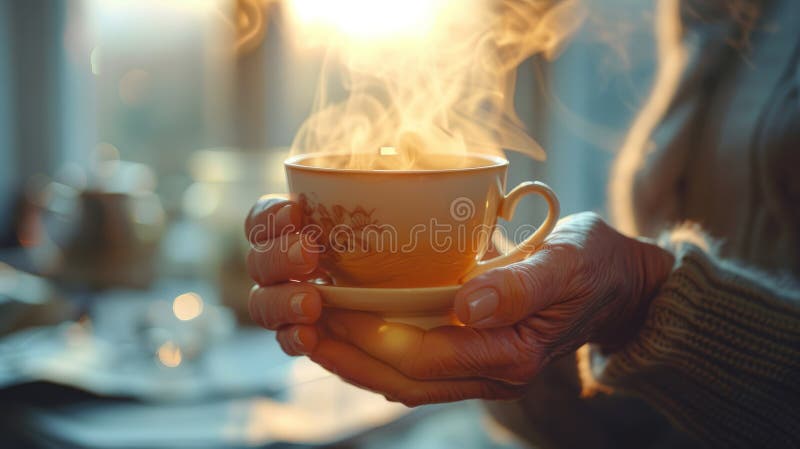 A Hands Holding a Steaming Cup of Tea. Stock Image - Image of ...