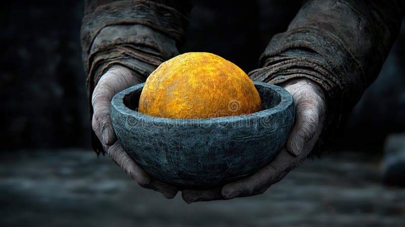 Hands Holding a Stone Bowl with a Bright Orange Sphere Textured and ...