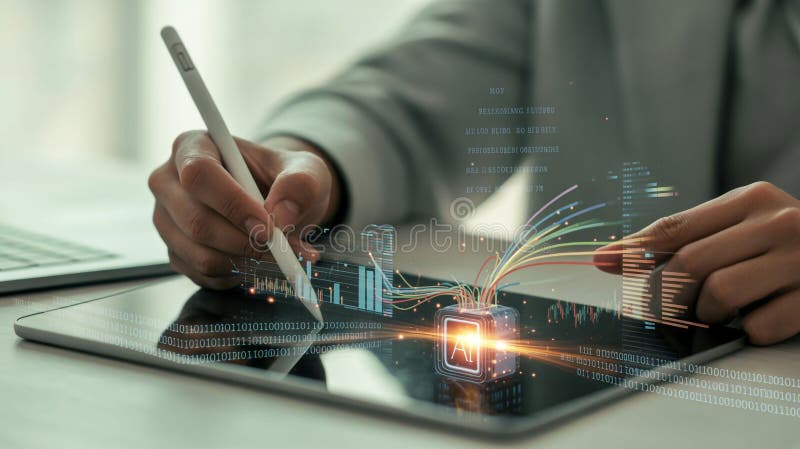 Businessperson Using Stylus on Tablet AI Data Visualization Futuristic Technology Modern ...