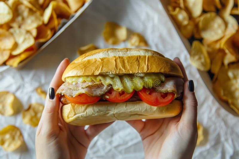 Hands Holding a Sub Sandwich Over a Spread of Chips Stock Image - Image ...