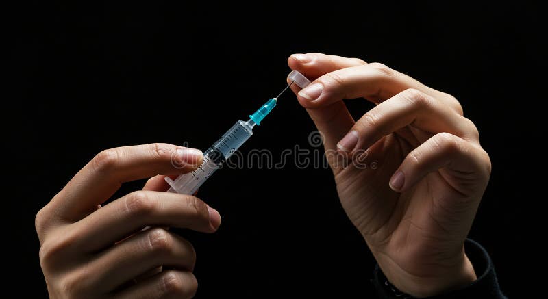 Hands Holding a Syringe with Precision, Preparing To Fill it from a ...