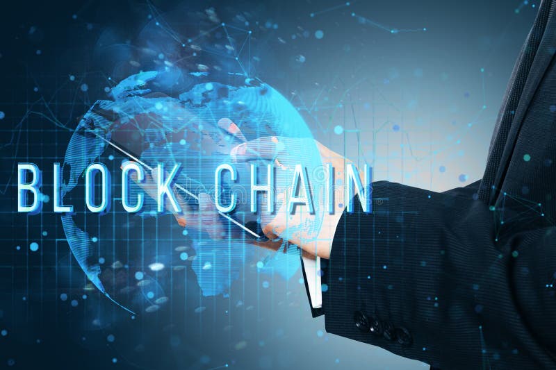 Hands Holding Tablet with Blockchain Text Over Holographic World Map ...