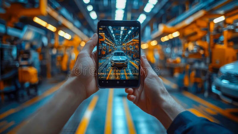 Hands Holding a Tablet with a Car Assembly Line in the Background ...