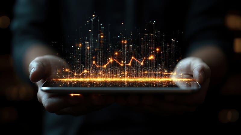 Hands Holding Tablet, City Data Graph, Dark Background, Future Tech ...