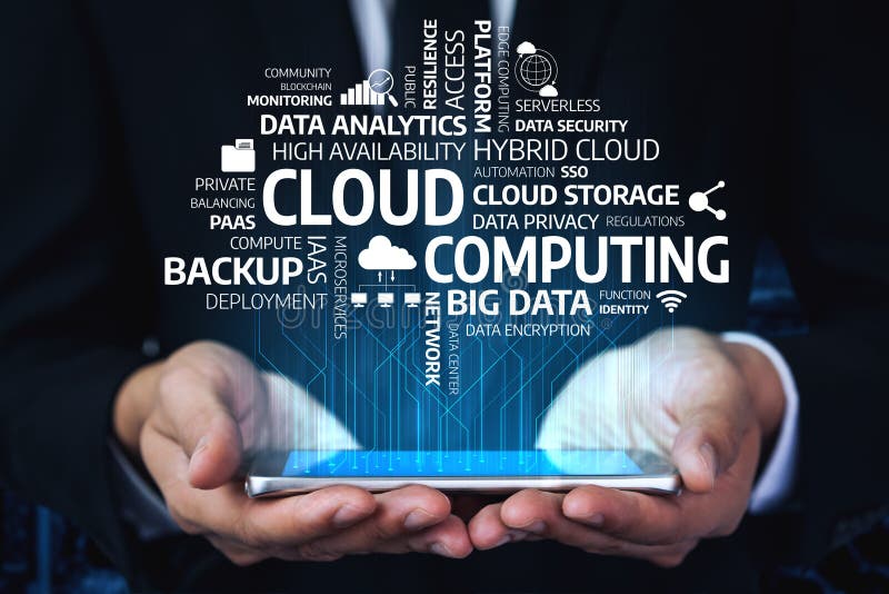 Hands Holding Tablet with Cloud Computing Concepts, Data Analytics ...