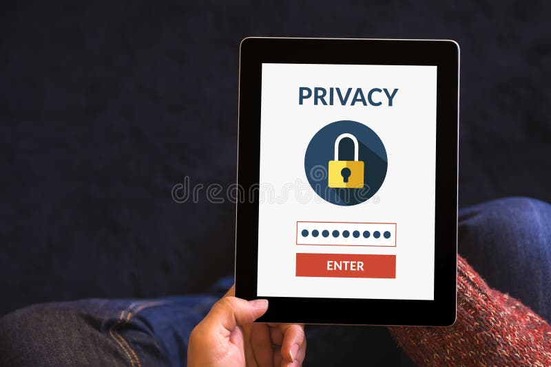 Hands Holding Tablet Computer with Online Privacy Concept on Screen ...