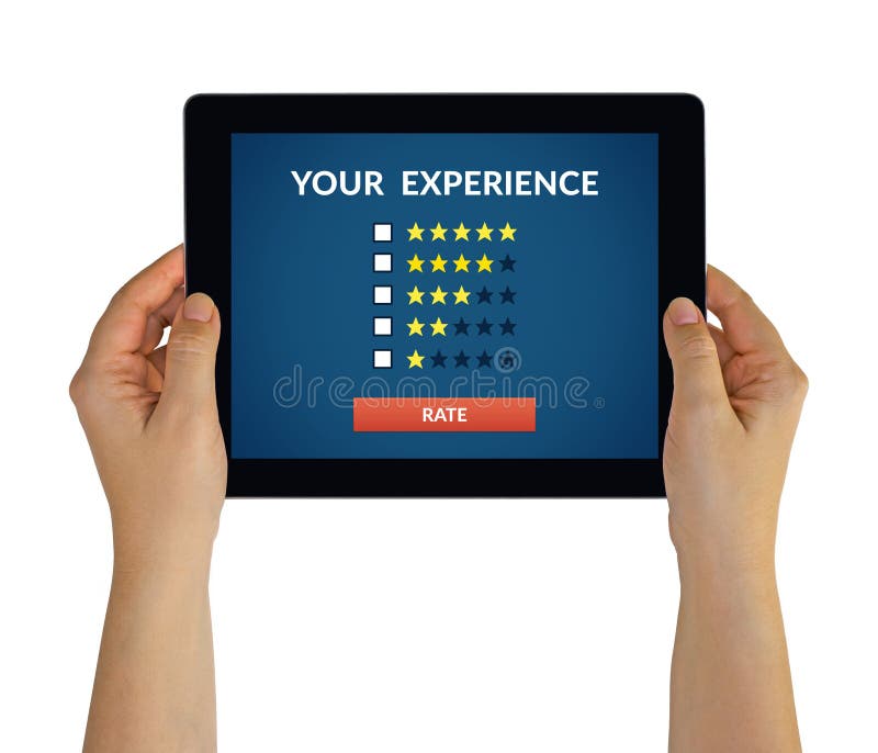 Customer Review Concept on Laptop Computer Screen on Wooden Table Stock ...