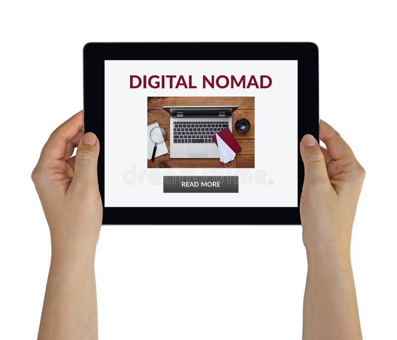 Hands Holding Tablet with Digital Nomad Concept on Screen Stock Image ...