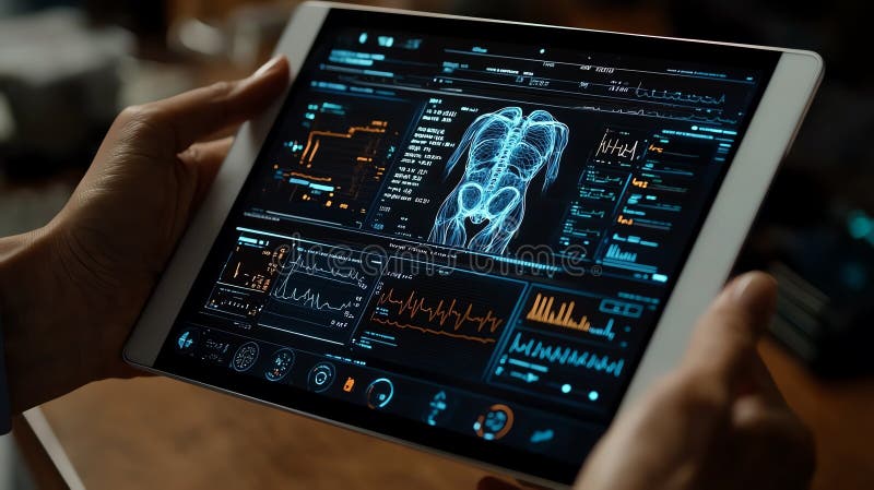 Hands Holding a Tablet Displaying Advanced Medical Monitoring Graphics ...