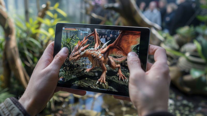 Hands Holding a Tablet Displaying an Augmented Reality Game with a 3D ...