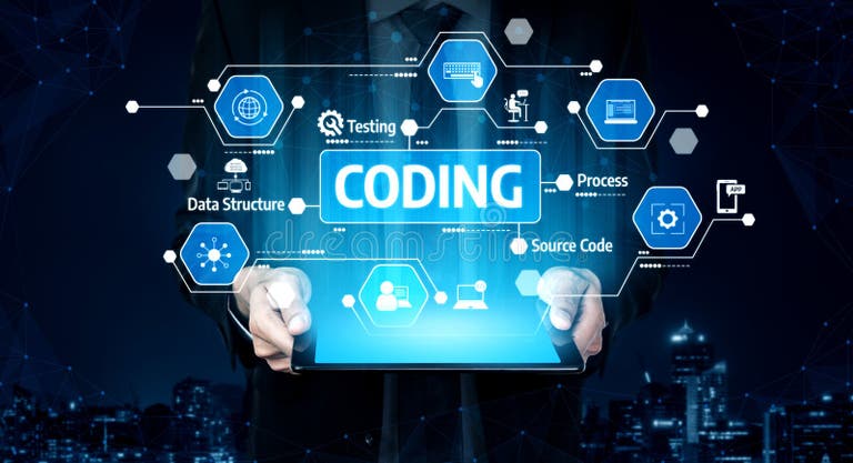 Hands Holding Tablet Displaying Coding Process Icons, Software Development, Data Structure ...