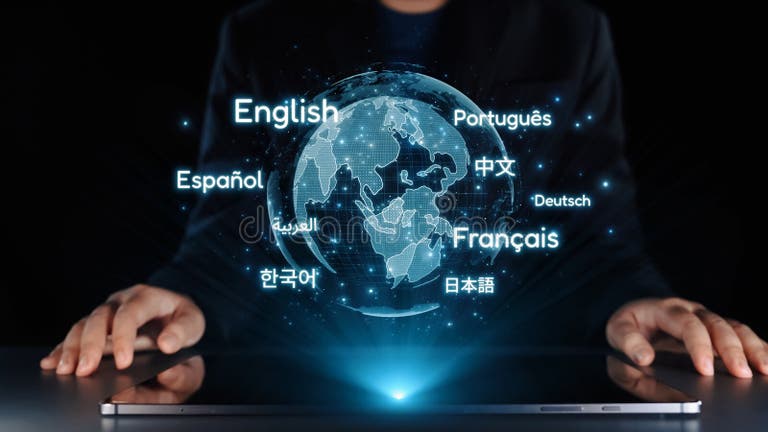 Hands Holding a Tablet Displaying a 3D Globe with Multilingual Language ...