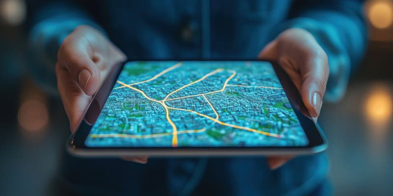 Hands Holding Tablet Displaying Detailed City Map with Streets and ...