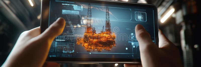 Hands Holding a Tablet Displaying a Detailed Three Dimensional Oil Rig ...
