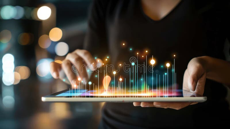 Hands Holding a Tablet Displaying Real-time AI Data Stock Illustration ...