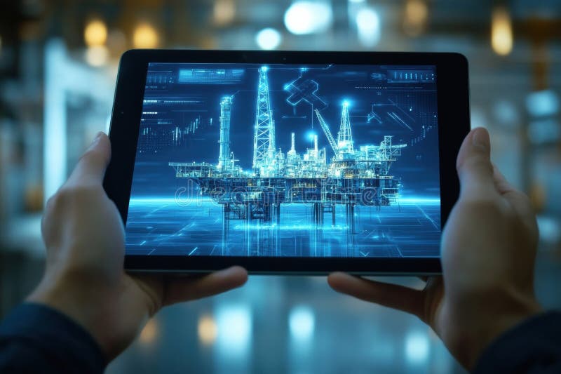 Hands Display a 3D Oil Rig Model on a Tablet in a Modern Setting ...