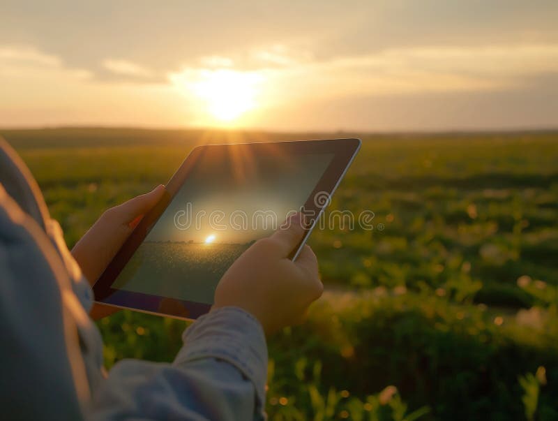 Hands Holding Tablet in Field at Sunset Stock Photo - Image of field ...