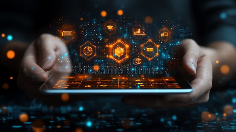 Hands Holding a Tablet with Glowing Digital Icons and Data ...