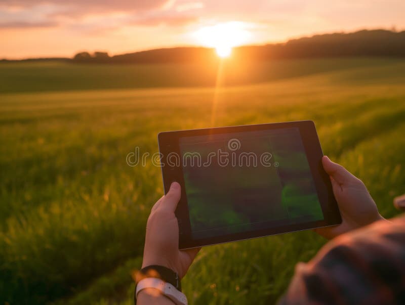 Person Using Tablet in Field at Sunset Stock Image - Image of landscape ...