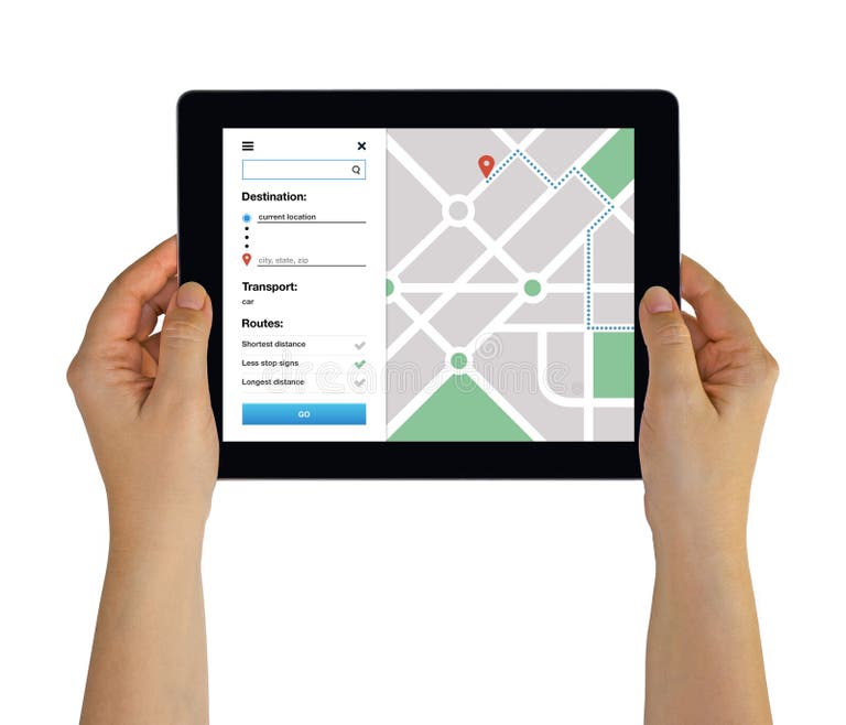 Hands Holding Tablet with Location Tracker Concept on Screen. GP Stock ...