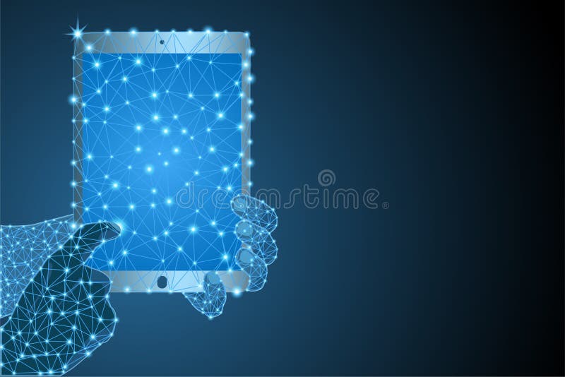 Hands Holding Tablet Low Poly Wireframe and Lights Stock Vector ...