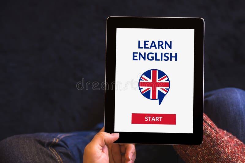 Hands Holding Tablet with Online Learn English Concept on Scree Stock ...