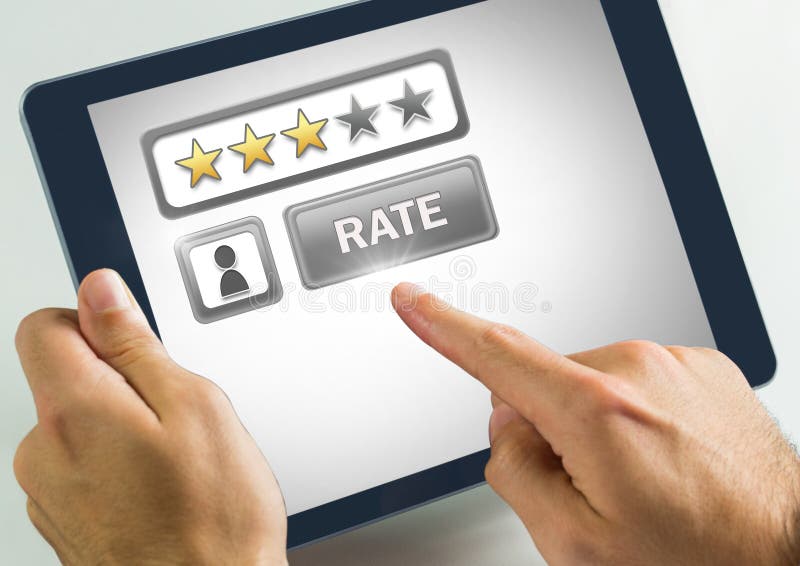 Hands Holding Tablet with Review Star Ratings Stock Image - Image of ...