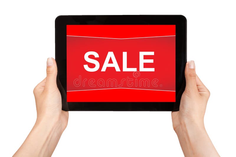 Hands Holding a Tablet with Sale on a Red Screen Stock Image - Image of ...