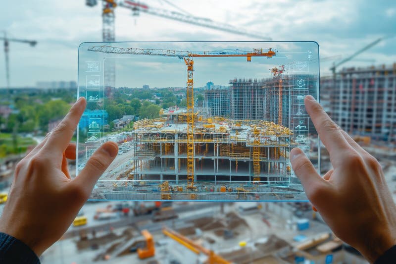Hands Holding Tablet Showing Augmented Reality Construction Site Stock ...