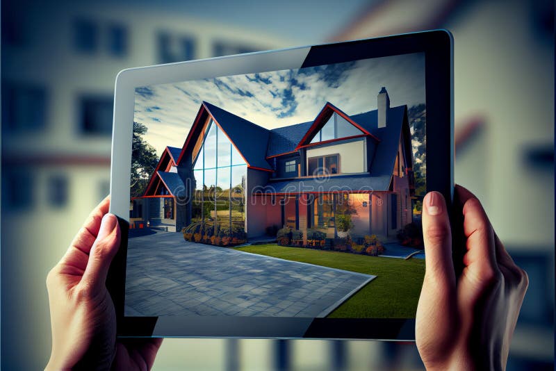Hands Holding Tablet Showing Modern Home, Total Blank Project ...