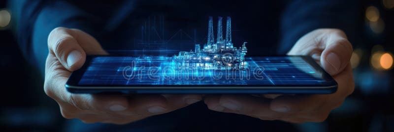 Hands Showcase a Tablet Displaying a Detailed 3D Model of an Oil Rig in ...